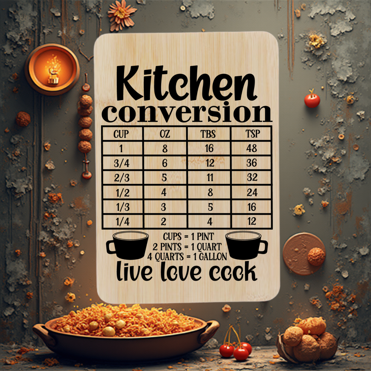 Live Love Cook Kitchen Conversion Chart Engraved Recipe Board (Bamboo ...